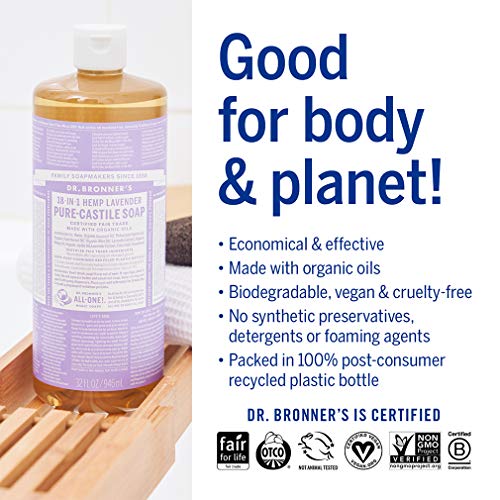 Dr. Bronner’s - Pure-Castile Liquid Soap (Lavender, 32 ounce, 2-Pack) - Made with Organic Oils, 18-in-1 Uses: Face, Body, Hair, Laundry, Pets and Dishes, Concentrated, Vegan, Non-GMO