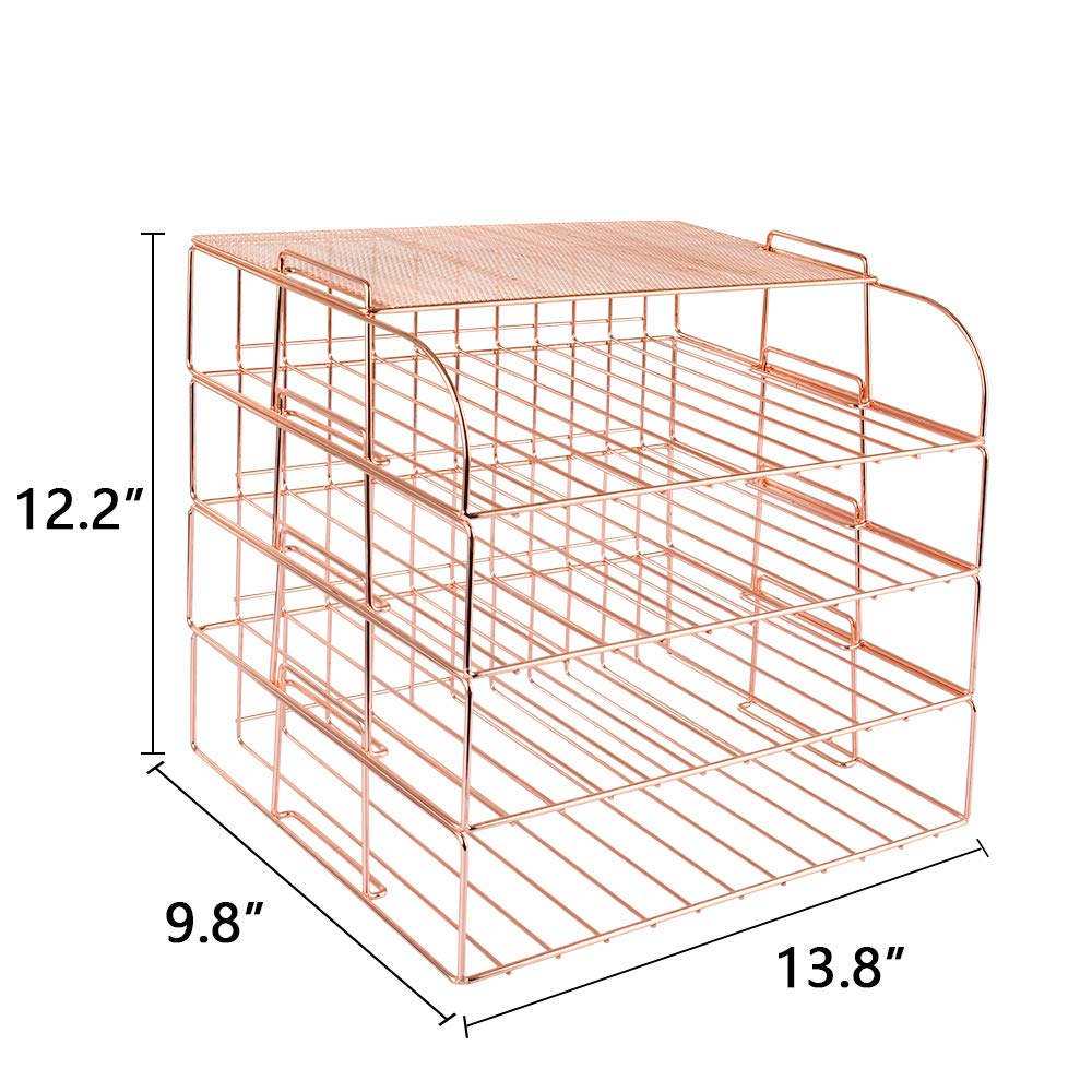 Spacrea Letter Tray, 4 Tier Rose Gold Desk Organizers and Accessories for Women, Stackable Paper Tray Organizer Desk File Organizer with 1 Upper Display Shelf (Rose Gold)