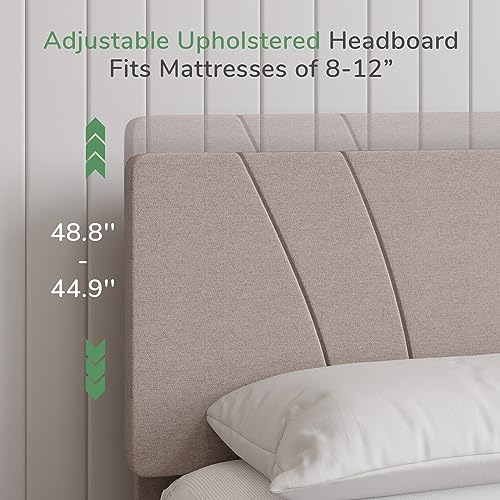 Novilla Full Size Platform Bed Frame with Upholstered Headboard and Strong Wooden Slats Support, Mattress Foundation, Noise Free, No Box Spring Needed, Easy Assembly, Beige