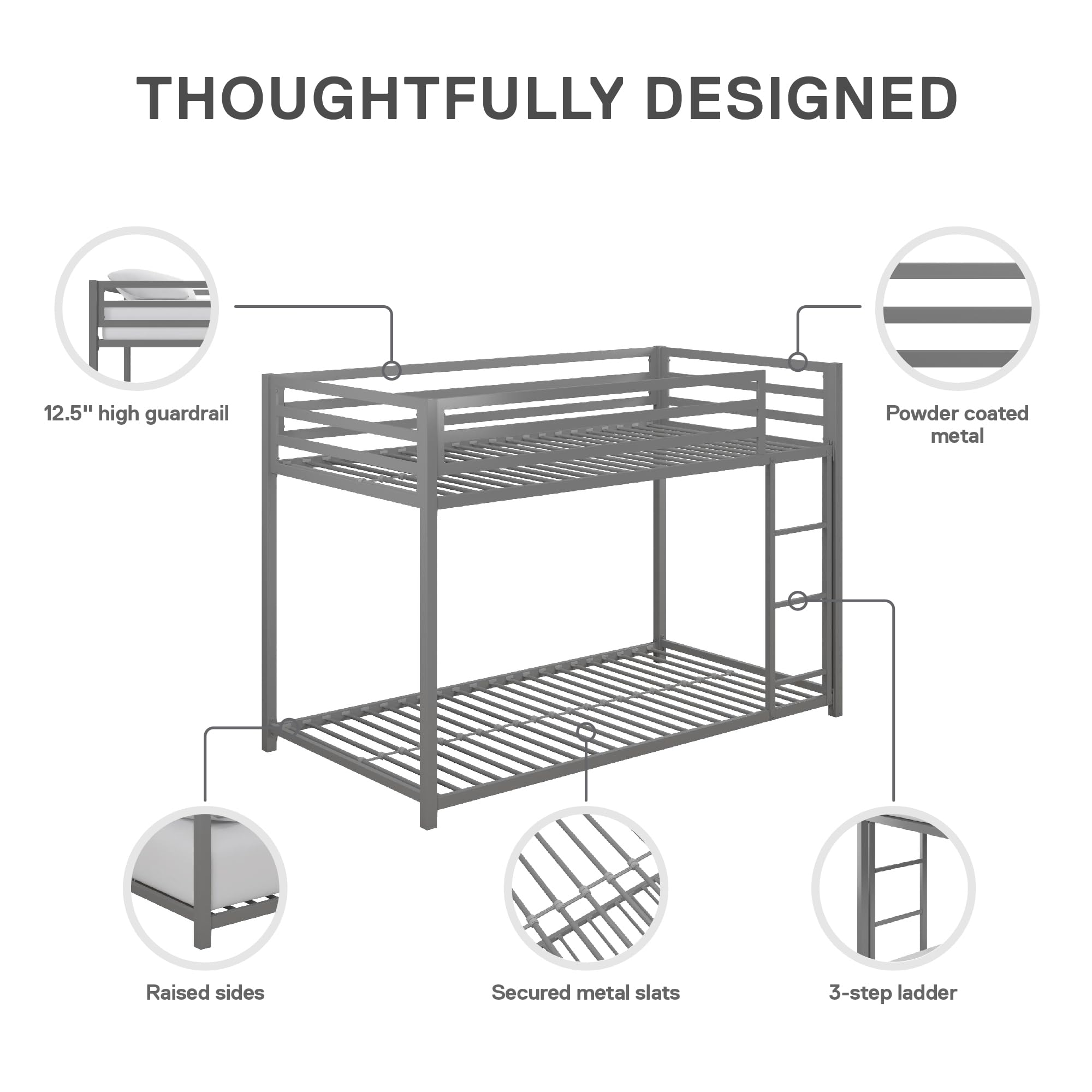 DHP Miles Metal Bunk Bed, Silver, Twin over Twin