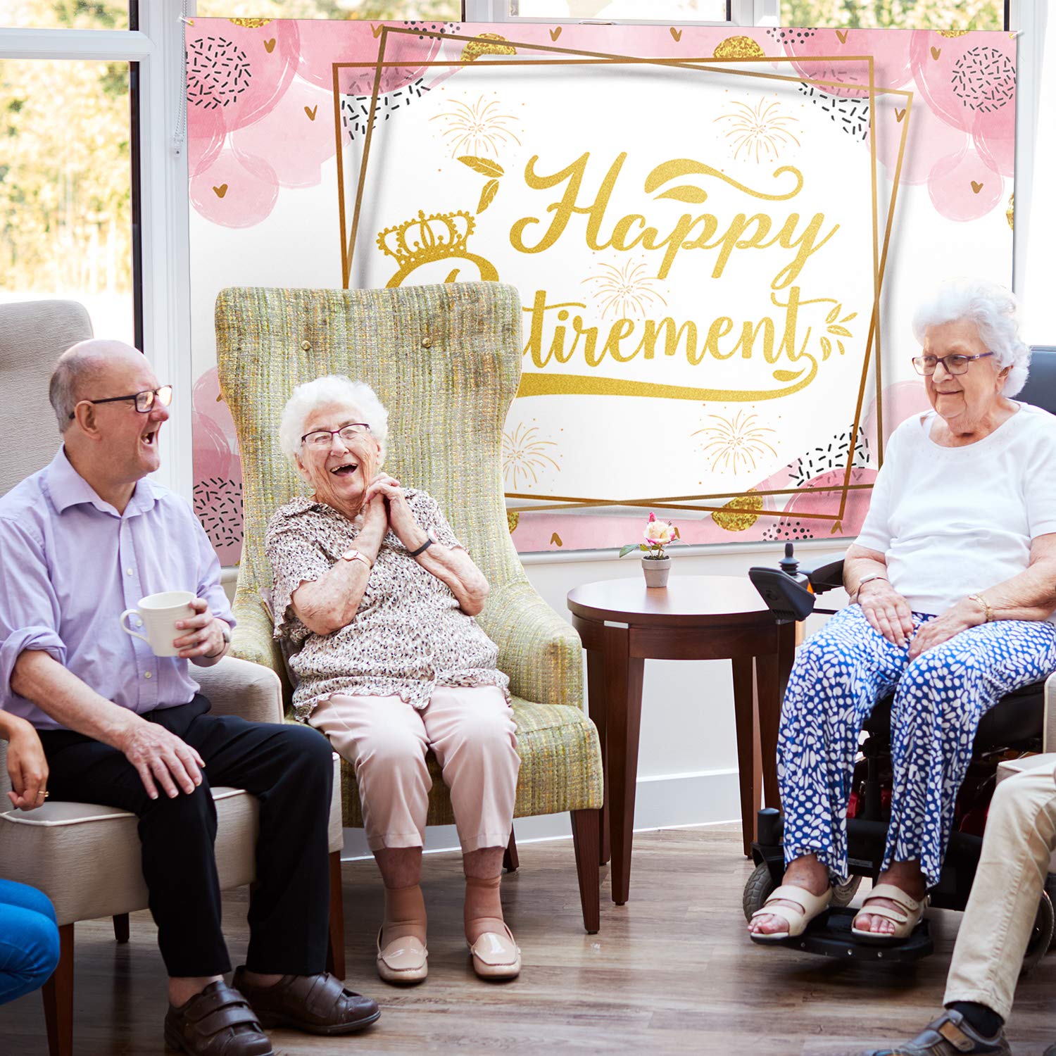 PAKBOOM Happy Retirement Backdrop Banner - Retirement Party Decorations Supplies for Women - 3.9 x 5.9ft Pink Gold