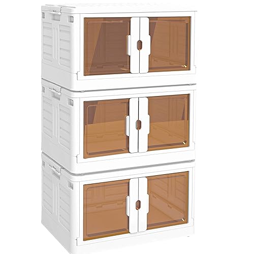 Hourleey 3 Pack Plastic Storage Bins with Lids, 19Gal Collapsible Closet Organizer Storage Boxes, Drawer Kitchen Cubes, Stackable Storage Bins, Foldable Blanket Storage with Door