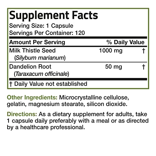 Bronson Milk Thistle 1000mg Silymarin Marianum & Dandelion Root Liver Health Support 120 Capsules