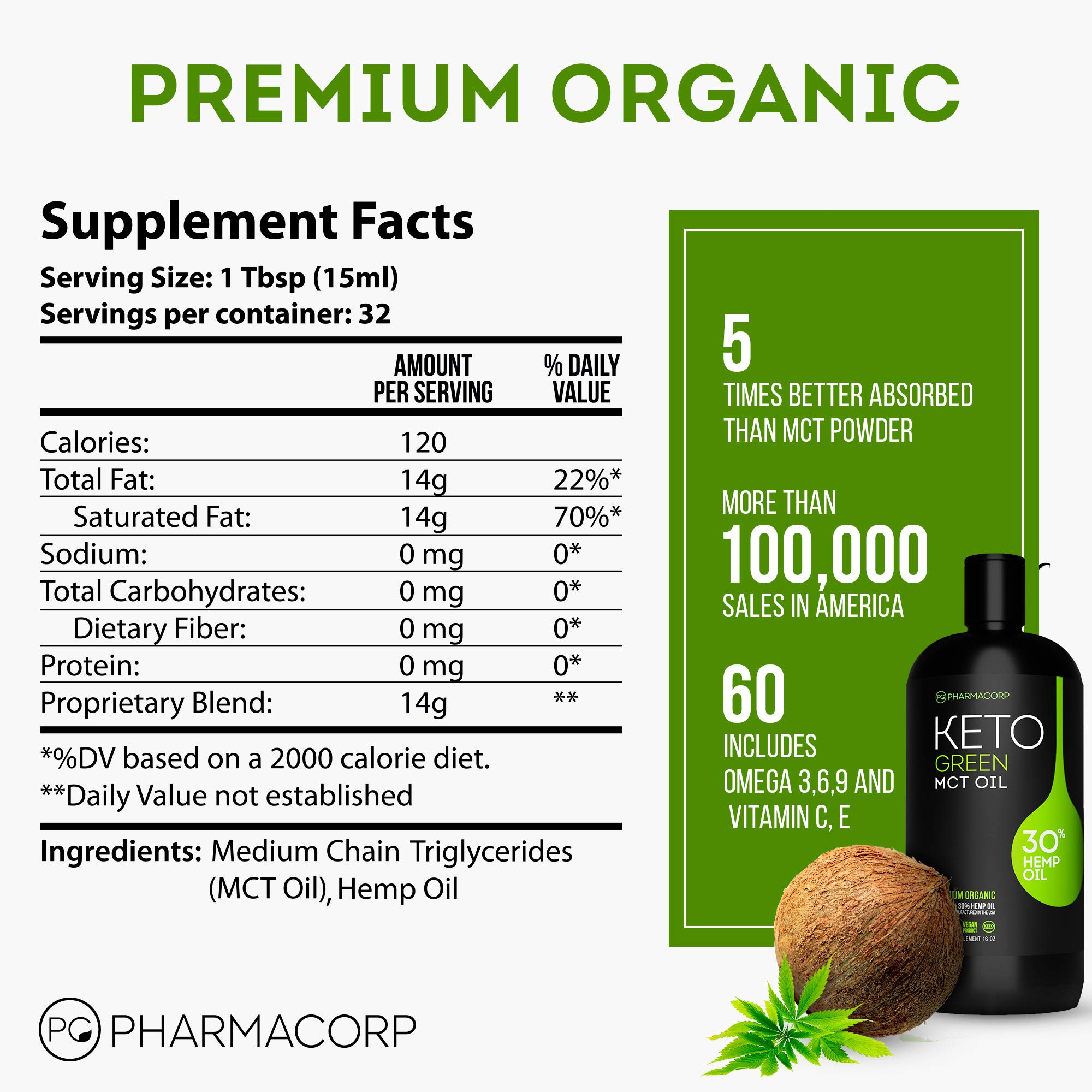 100% Organic MCT Oil for Vegan - Derived only from Non-GMO Hawaiian Coconuts - Includes Omega 3,6,9 and Vitamic C, E (3-in-1) - US Made - Great in Keto Salad Dressings