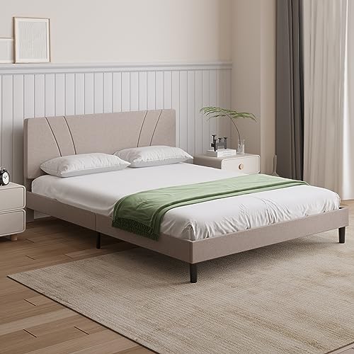 Novilla Full Size Platform Bed Frame with Upholstered Headboard and Strong Wooden Slats Support, Mattress Foundation, Noise Free, No Box Spring Needed, Easy Assembly, Beige