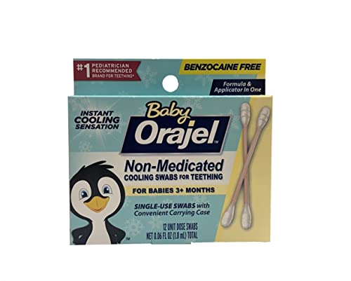 Orajel Baby Daytime Cooling Swabs for Teething, Drug-Free, 1 Pediatrician Recommended Brand for Teething*, 12 Swabs in Carrying Case