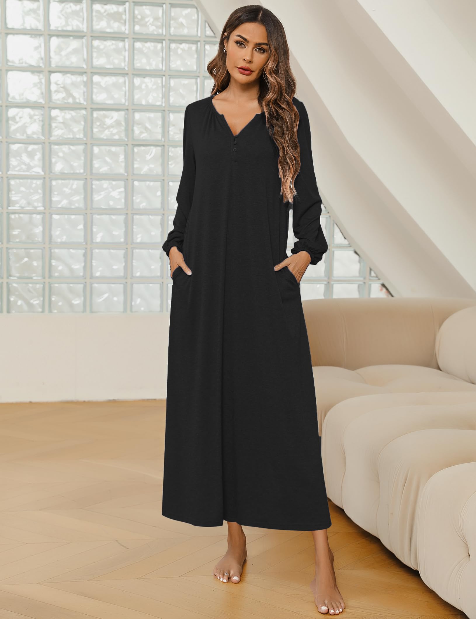 Marvmys Womens Cotton Long Night Gown Long Sleeve Nightshirt Sleepwear with Pockets Black L