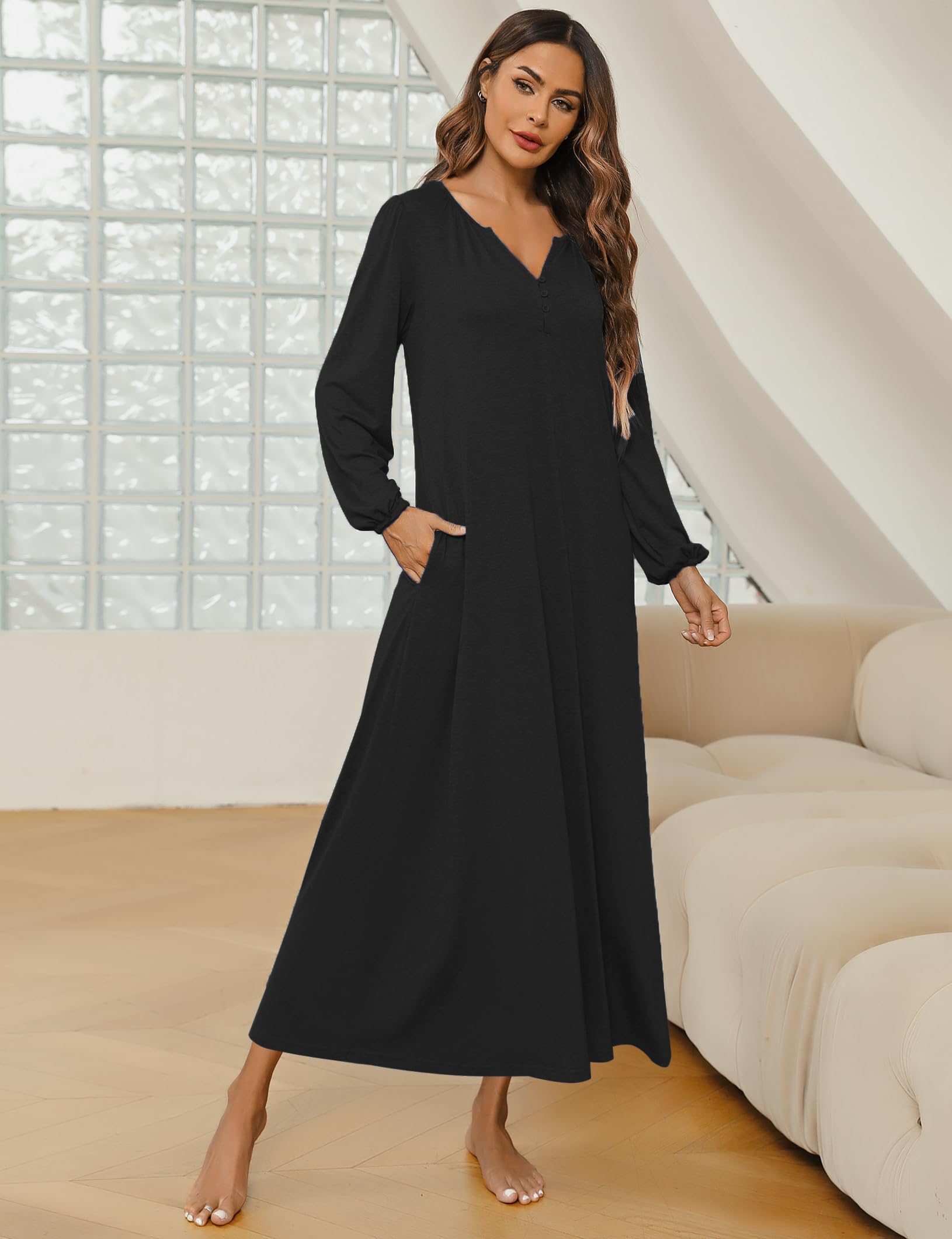 Marvmys Womens Cotton Long Night Gown Long Sleeve Nightshirt Sleepwear with Pockets Black L