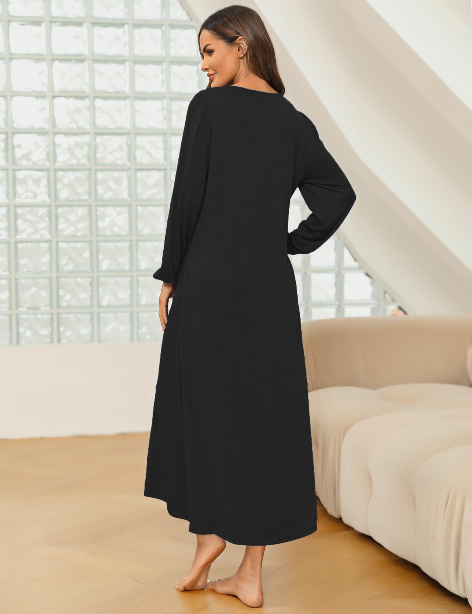Marvmys Womens Cotton Long Night Gown Long Sleeve Nightshirt Sleepwear with Pockets Black L