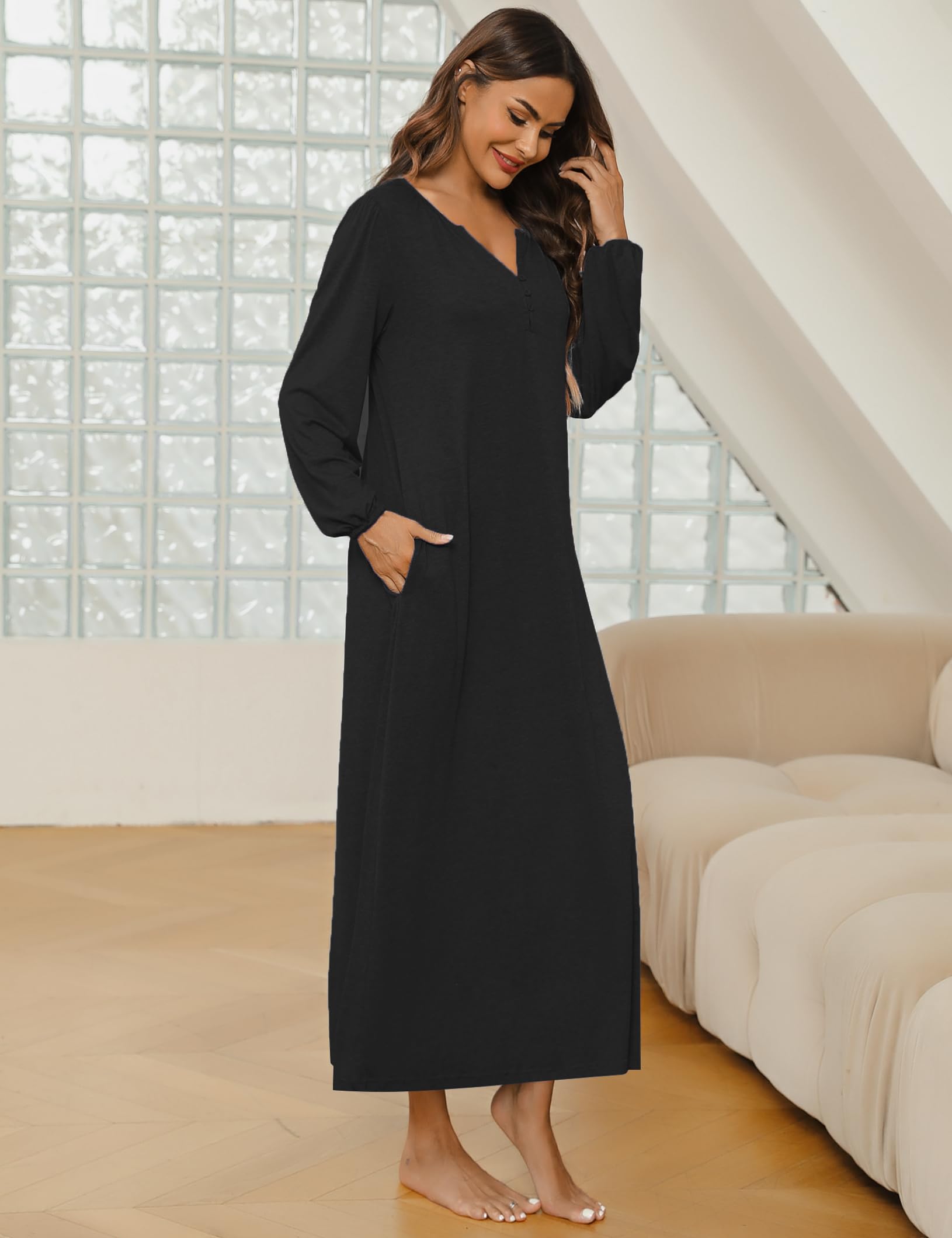Marvmys Womens Cotton Long Night Gown Long Sleeve Nightshirt Sleepwear with Pockets Black L