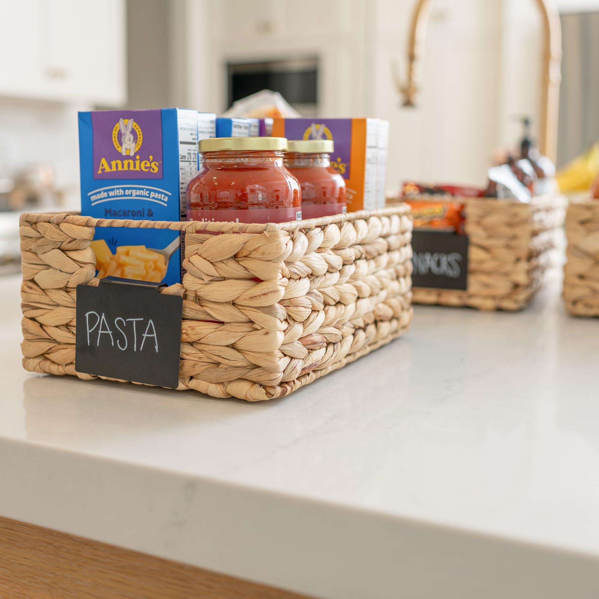 Set of 4 Handwoven Water Hyacinth Storage Baskets - Organizer Wicker Baskets for Shelves with Clip on Chalkboard Labels and Chalk Markers