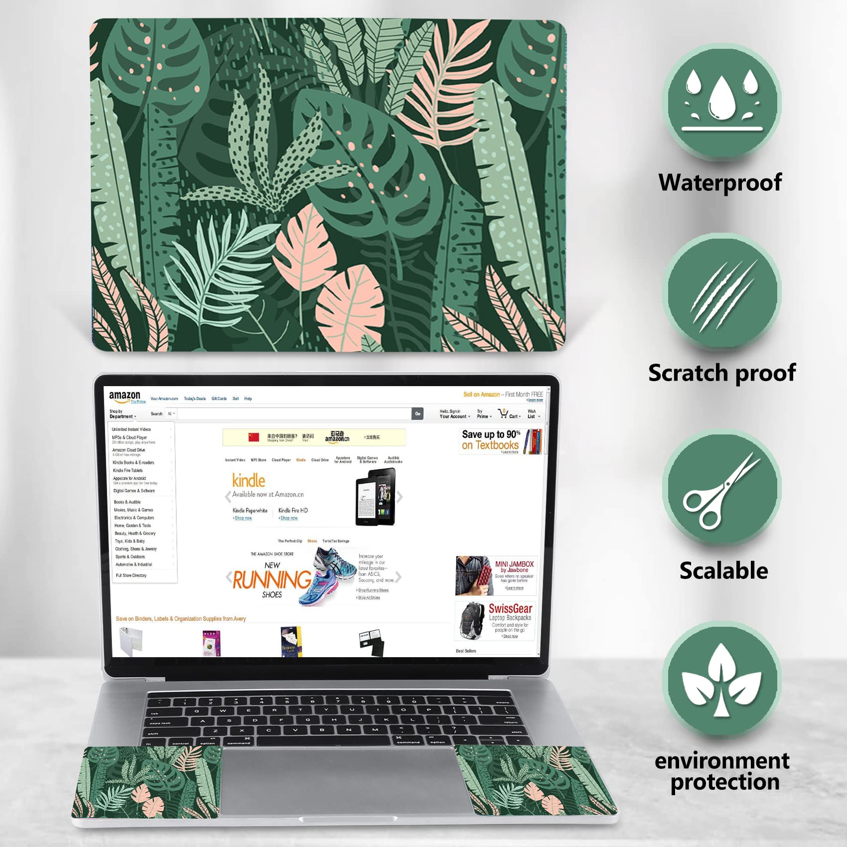 AIMSA Laptop Skin Sticker Decal, 12 13 13.3 14 15 15.4 15.6 inch Laptop Art Decal Protector Notebook Netbook PC 15.6" Universal Vinyl Cover, Pink Green Leaves