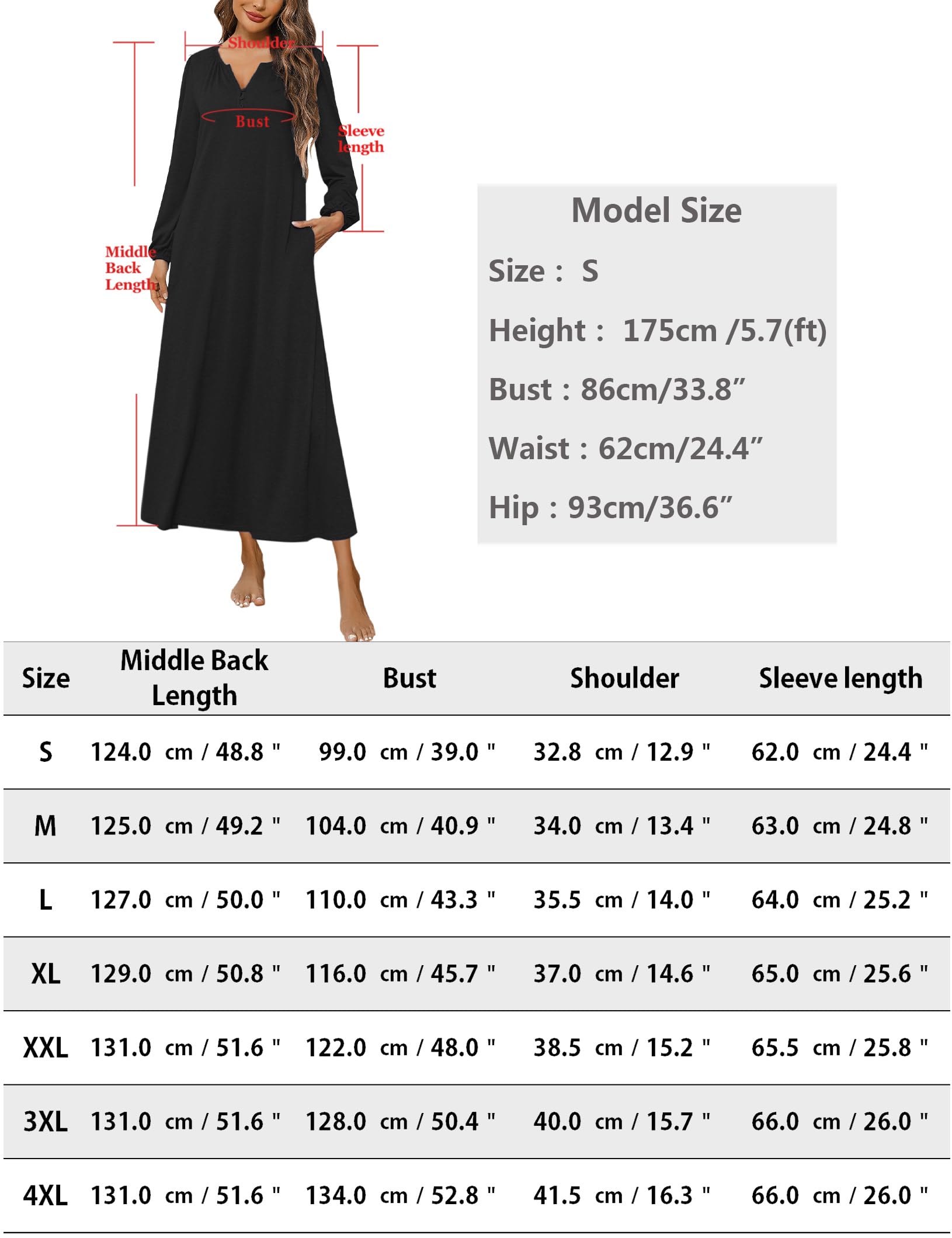 Marvmys Womens Cotton Long Night Gown Long Sleeve Nightshirt Sleepwear with Pockets Black L