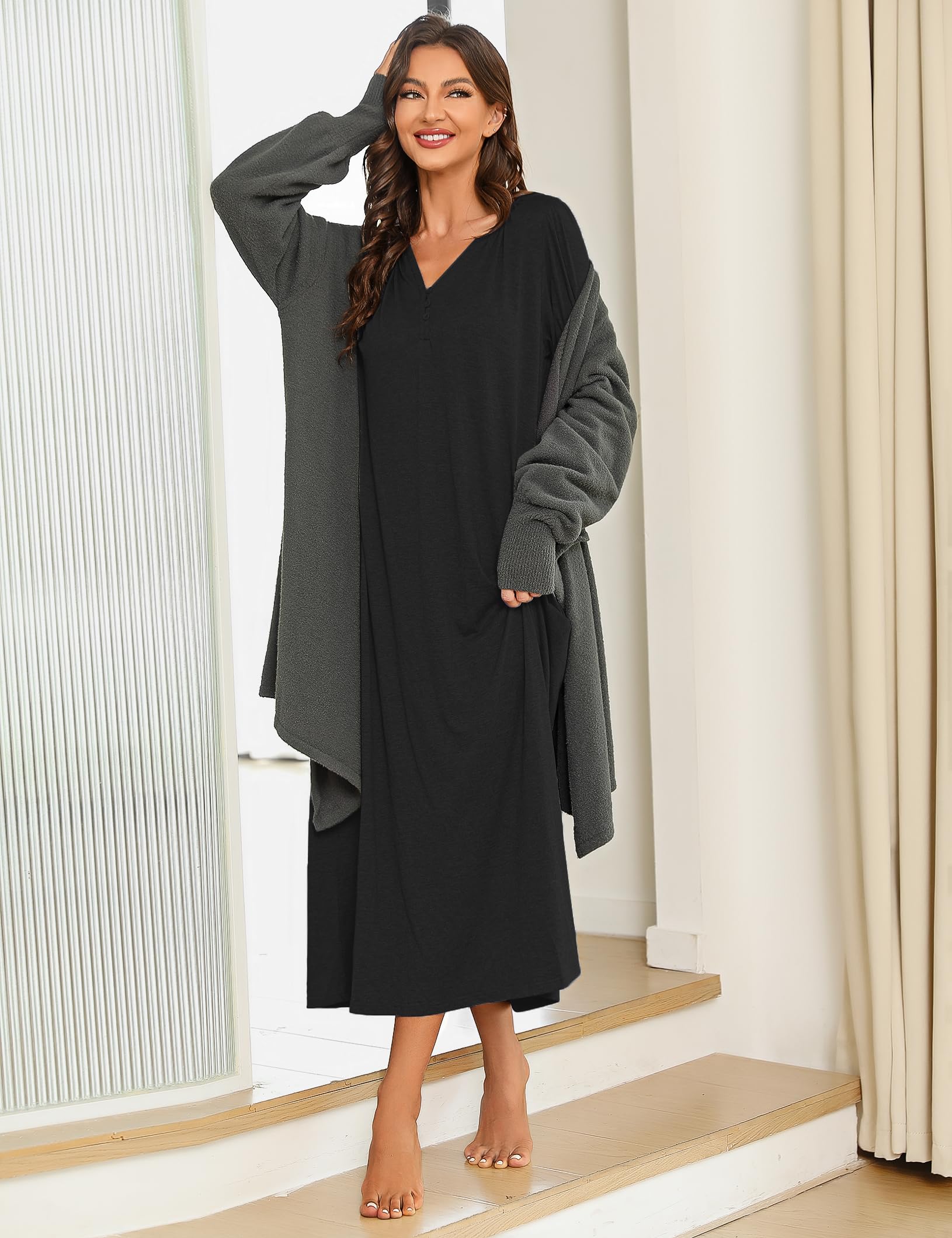 Marvmys Womens Cotton Long Night Gown Long Sleeve Nightshirt Sleepwear with Pockets Black L