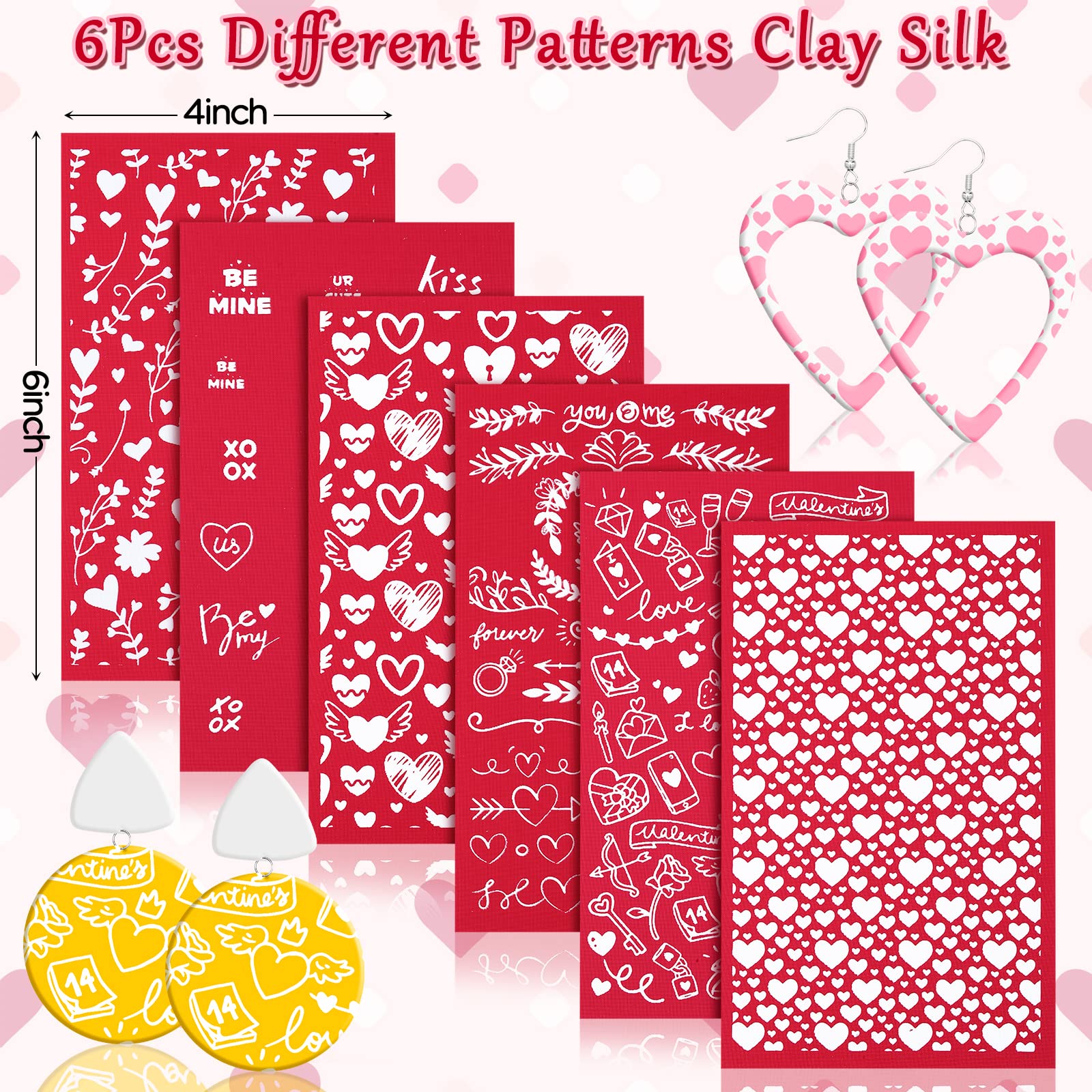 6Pcs Silk Screen Stencils for Clay - Floral Designs for Earring & Jewelry - Valentine's Day
