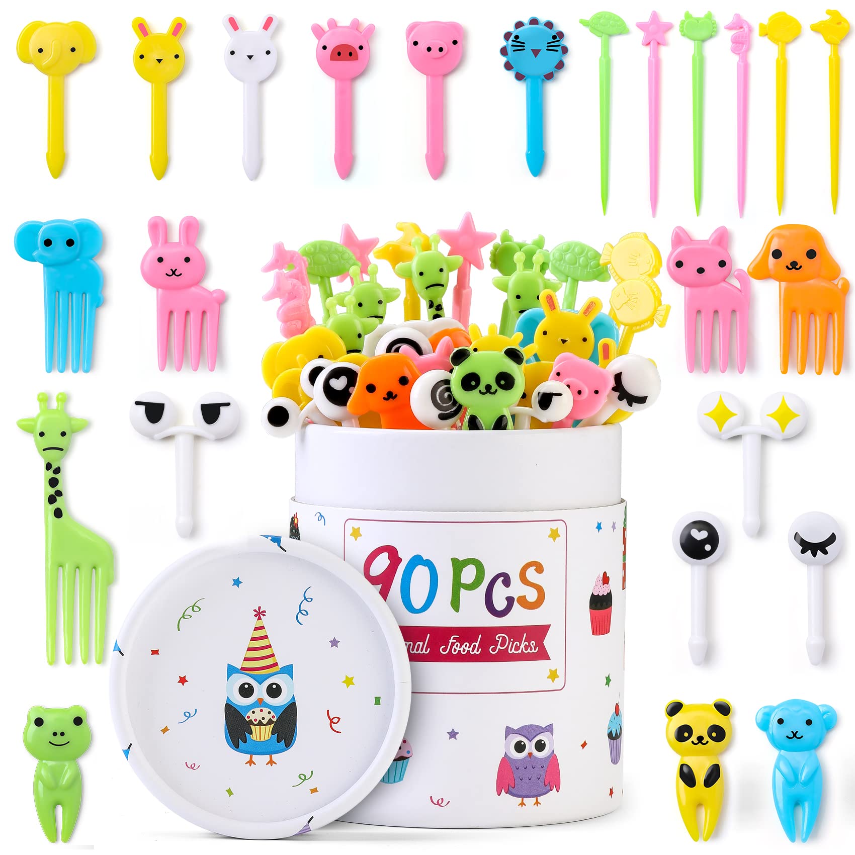 90 Pcs Food Picks for Kids with Cute Storage Box, Cartoon Animals Kids Fruit Toothpicks, Lunch Accessories for Bento Box, Fun Toddler Food Picks - BPA Free