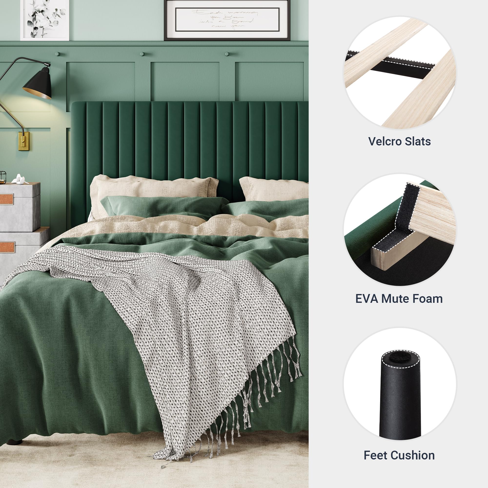 Allewie Full Bed Frame, Velvet Upholstered Platform Bed with Adjustable Vertical Channel Tufted Headboard, Mattress Foundation with Strong Wooden Slats, Box Spring Optional, Easy Assembly, Green