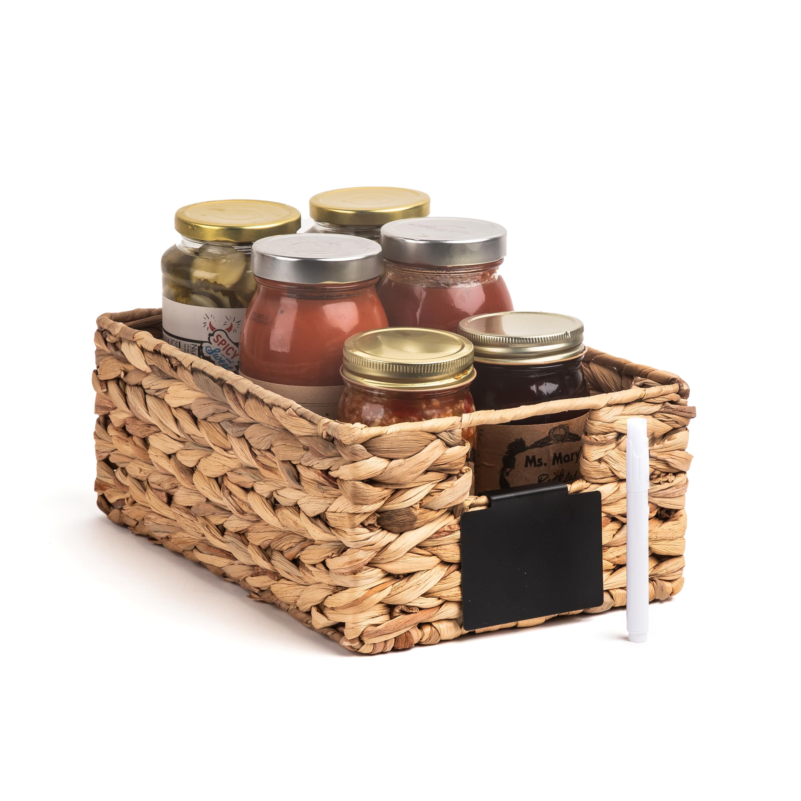 Set of 4 Handwoven Water Hyacinth Storage Baskets - Organizer Wicker Baskets for Shelves with Clip on Chalkboard Labels and Chalk Markers