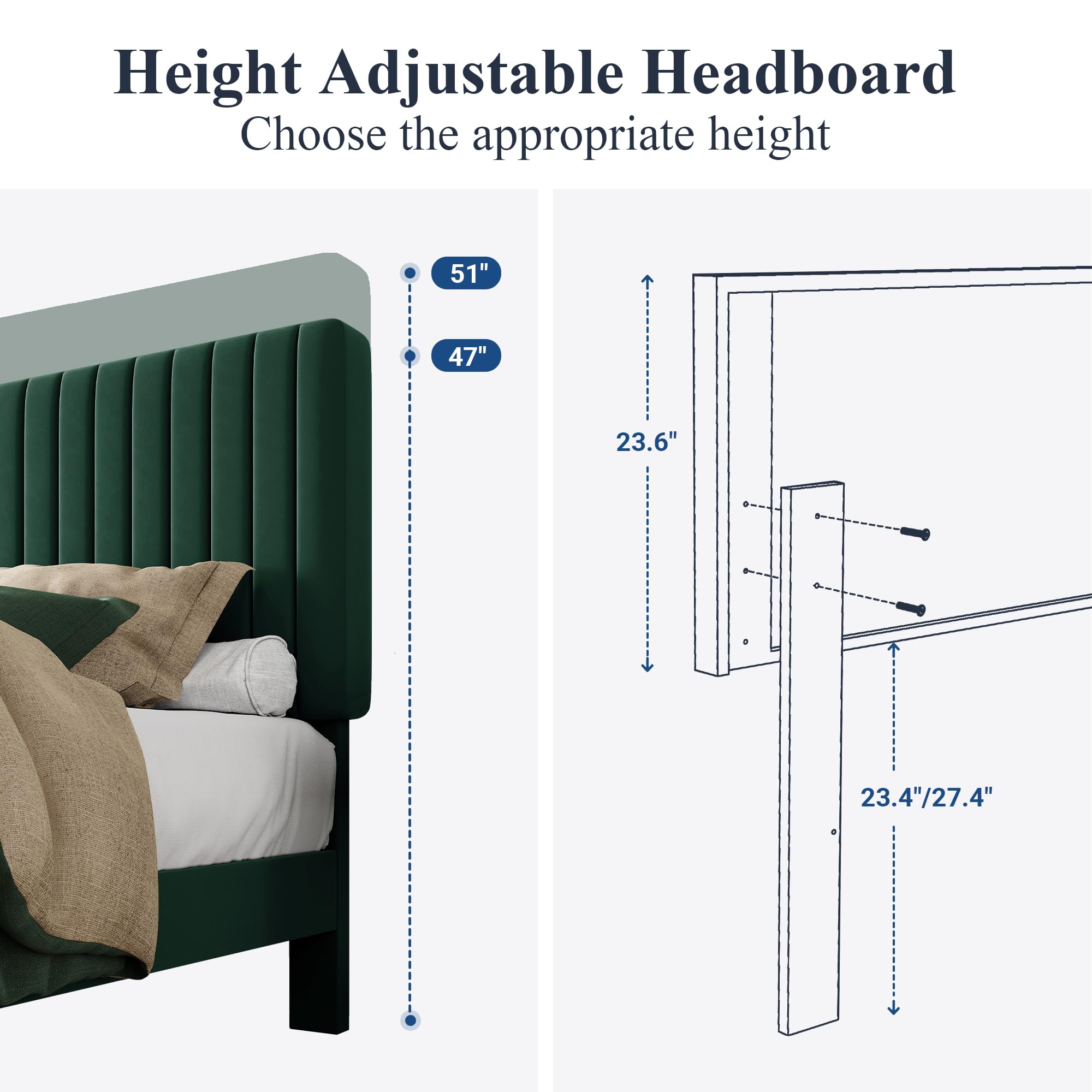 Allewie Full Bed Frame, Velvet Upholstered Platform Bed with Adjustable Vertical Channel Tufted Headboard, Mattress Foundation with Strong Wooden Slats, Box Spring Optional, Easy Assembly, Green