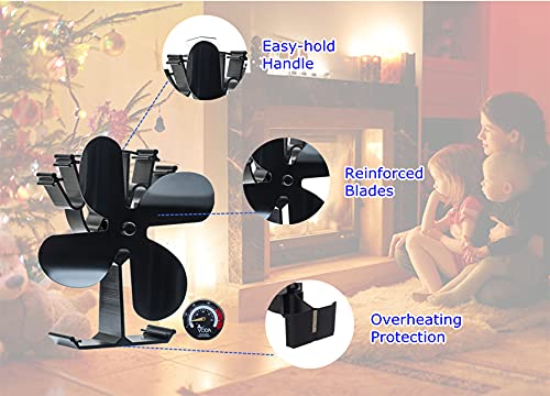 HEUNGBERANT Wood Burning Stove Fan Heat Powered Fireplace Fan for WoodLog BurnerFireplace, Black… (I shape with thermometer)