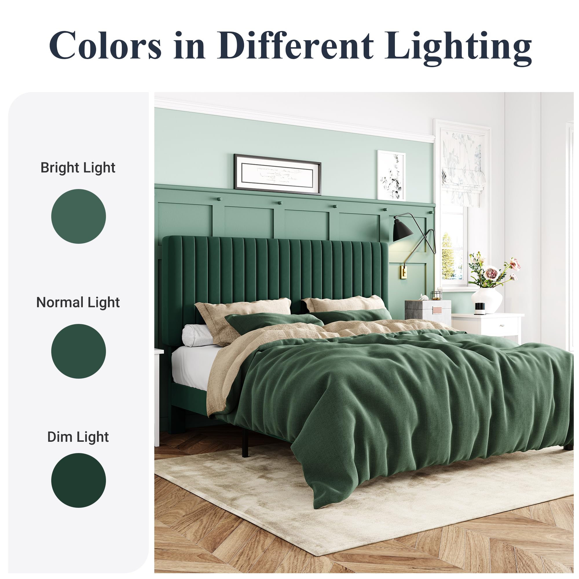 Allewie Full Bed Frame, Velvet Upholstered Platform Bed with Adjustable Vertical Channel Tufted Headboard, Mattress Foundation with Strong Wooden Slats, Box Spring Optional, Easy Assembly, Green