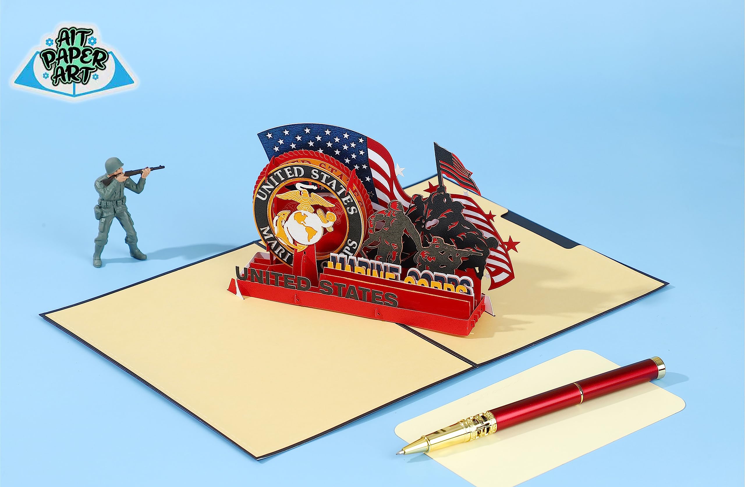 AIT PAPAER ART Pop Up Greeting Card with Envelope for Soldiers Retired Commemorative Card Patriotic Army Greeting Cards Thank You Card Soldier Retirement Card Independence Day Card, Graduation Card,