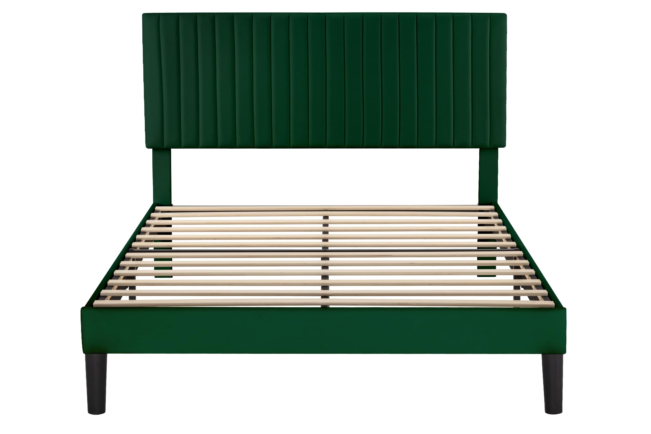 Allewie Full Bed Frame, Velvet Upholstered Platform Bed with Adjustable Vertical Channel Tufted Headboard, Mattress Foundation with Strong Wooden Slats, Box Spring Optional, Easy Assembly, Green