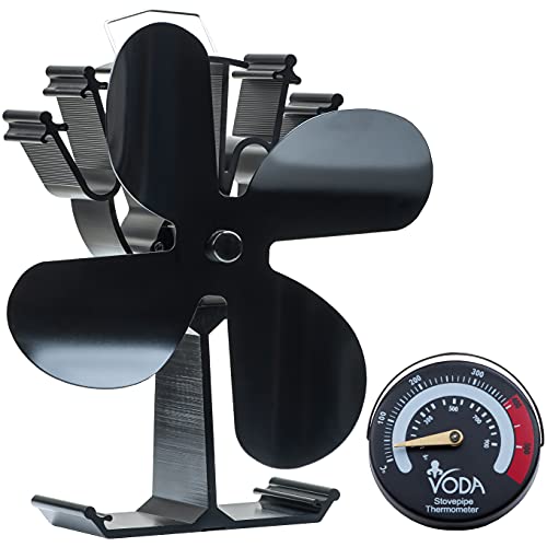HEUNGBERANT Wood Burning Stove Fan Heat Powered Fireplace Fan for WoodLog BurnerFireplace, Black… (I shape with thermometer)