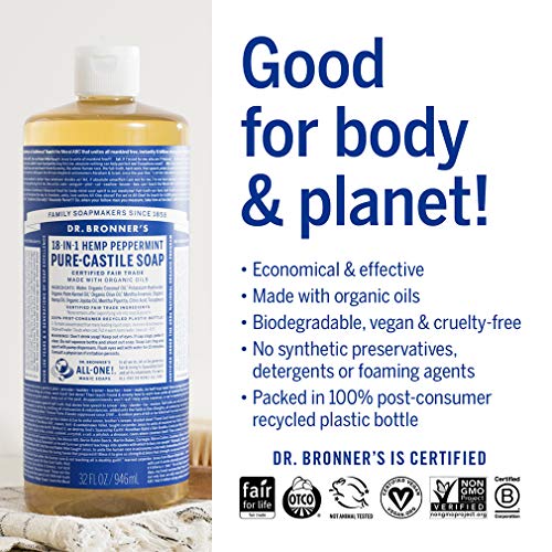 Dr. Bronner's - Pure-Castile Liquid Soap (Peppermint, 32 ounce, 2-Pack) - Made with Organic Oils, 18-in-1 Uses: Face, Body, Hair, Laundry, Pets and Dishes, Concentrated, Vegan, Non-GMO