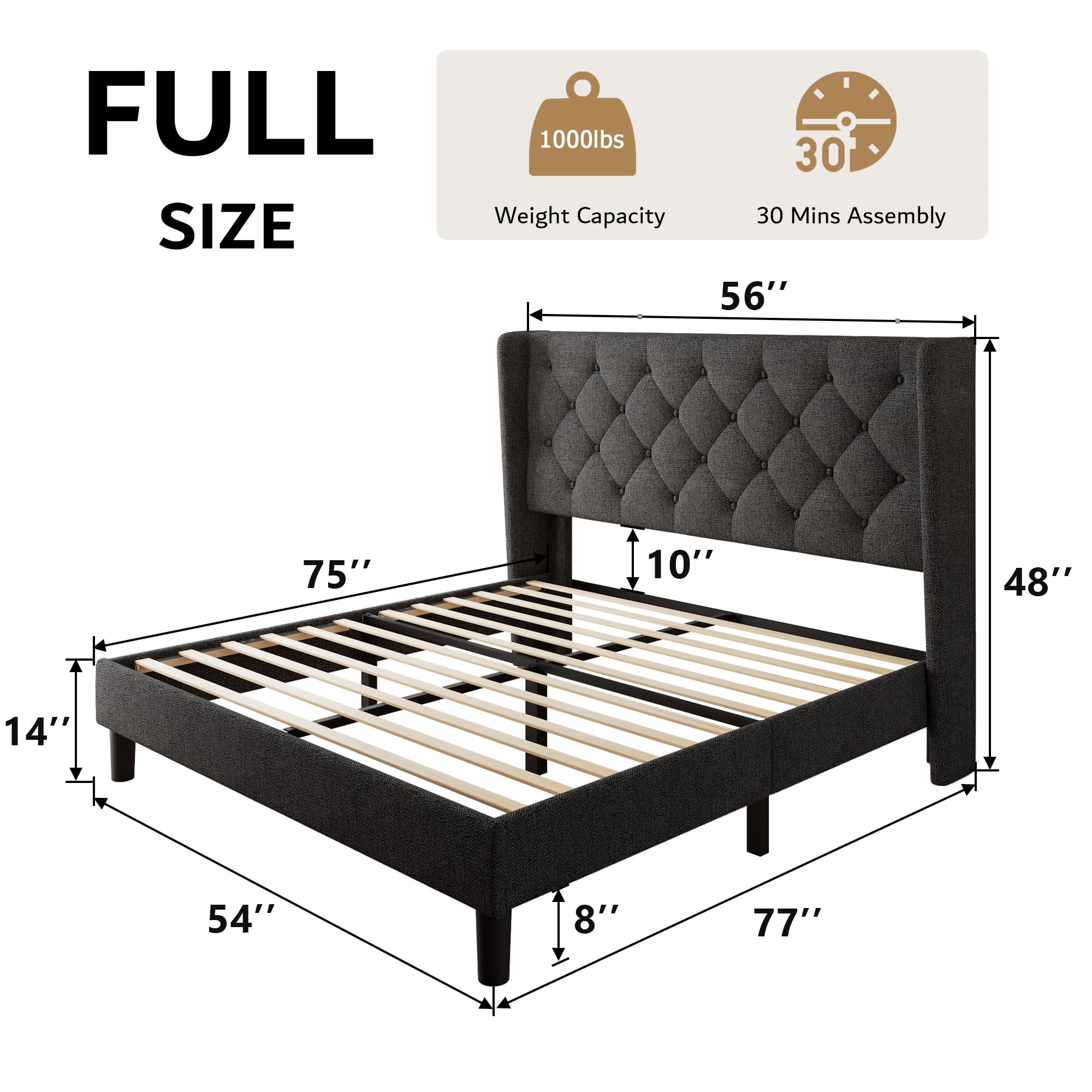iPormis Full Size Platform Bed Frame with Button Tufted Headboard, Upholstered Bed Frame with Solid Wooden Slats, 8" Underbed Space, No Box Spring Needed, Noise Free, Easy Assembly, Dark Gray