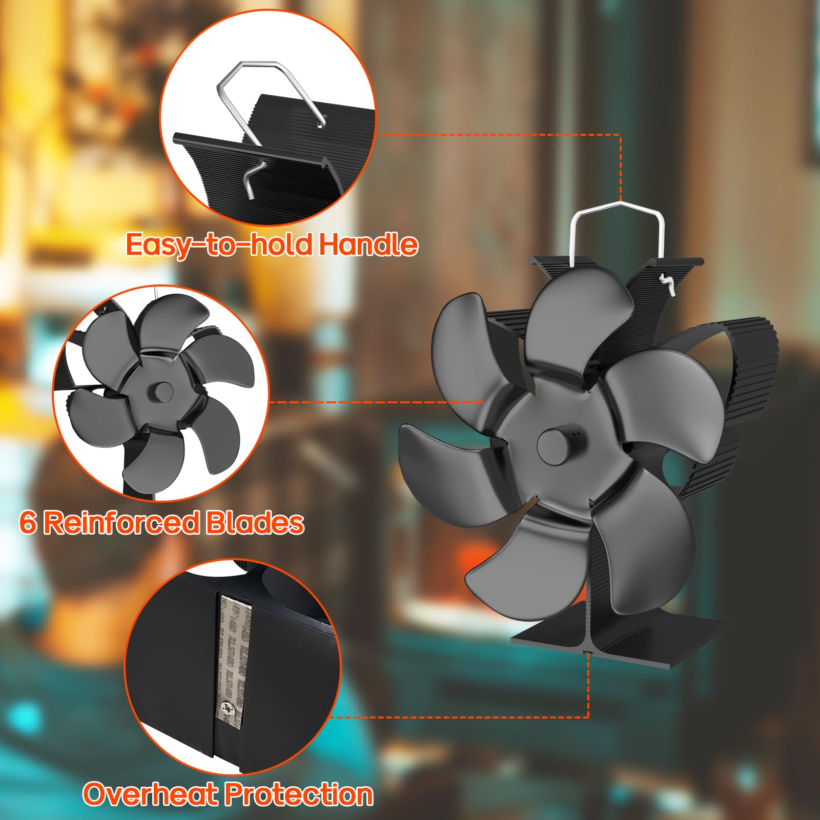 Hoyula 6 Blades Fireplace Fan, Wood Stove Fan Heat Powered Thermal Fan Heat Activaed for Wood Burning Fireplace, 2 Pack