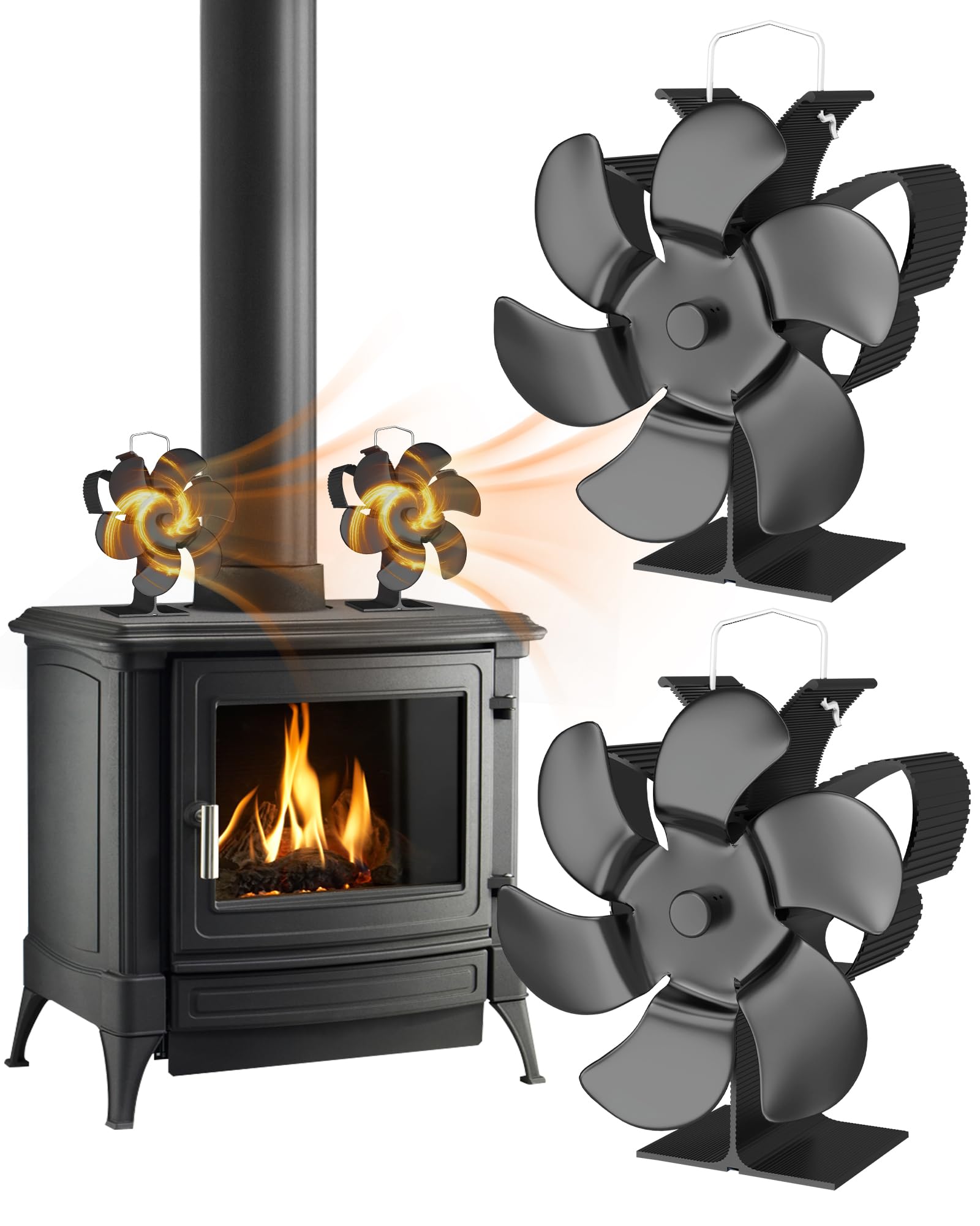 Hoyula 6 Blades Fireplace Fan, Wood Stove Fan Heat Powered Thermal Fan Heat Activaed for Wood Burning Fireplace, 2 Pack