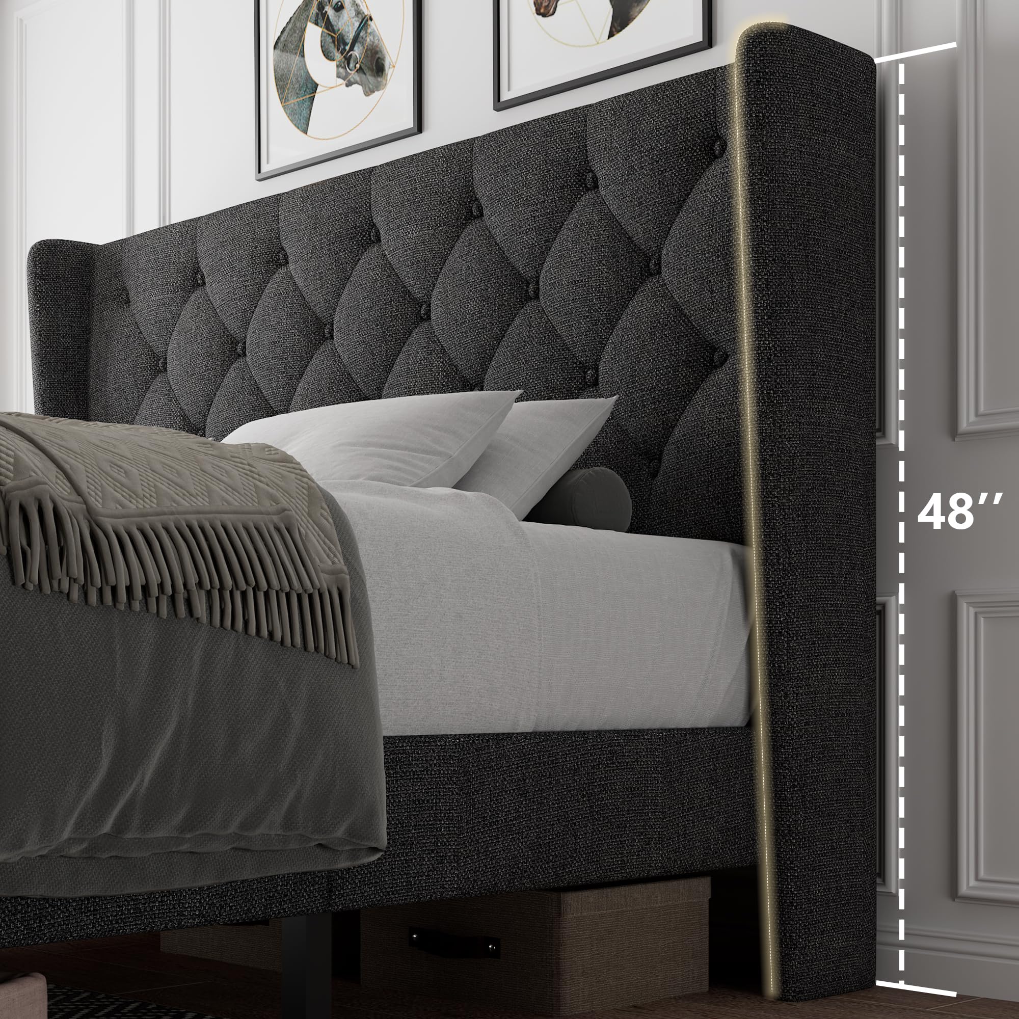 iPormis Full Size Platform Bed Frame with Button Tufted Headboard, Upholstered Bed Frame with Solid Wooden Slats, 8" Underbed Space, No Box Spring Needed, Noise Free, Easy Assembly, Dark Gray