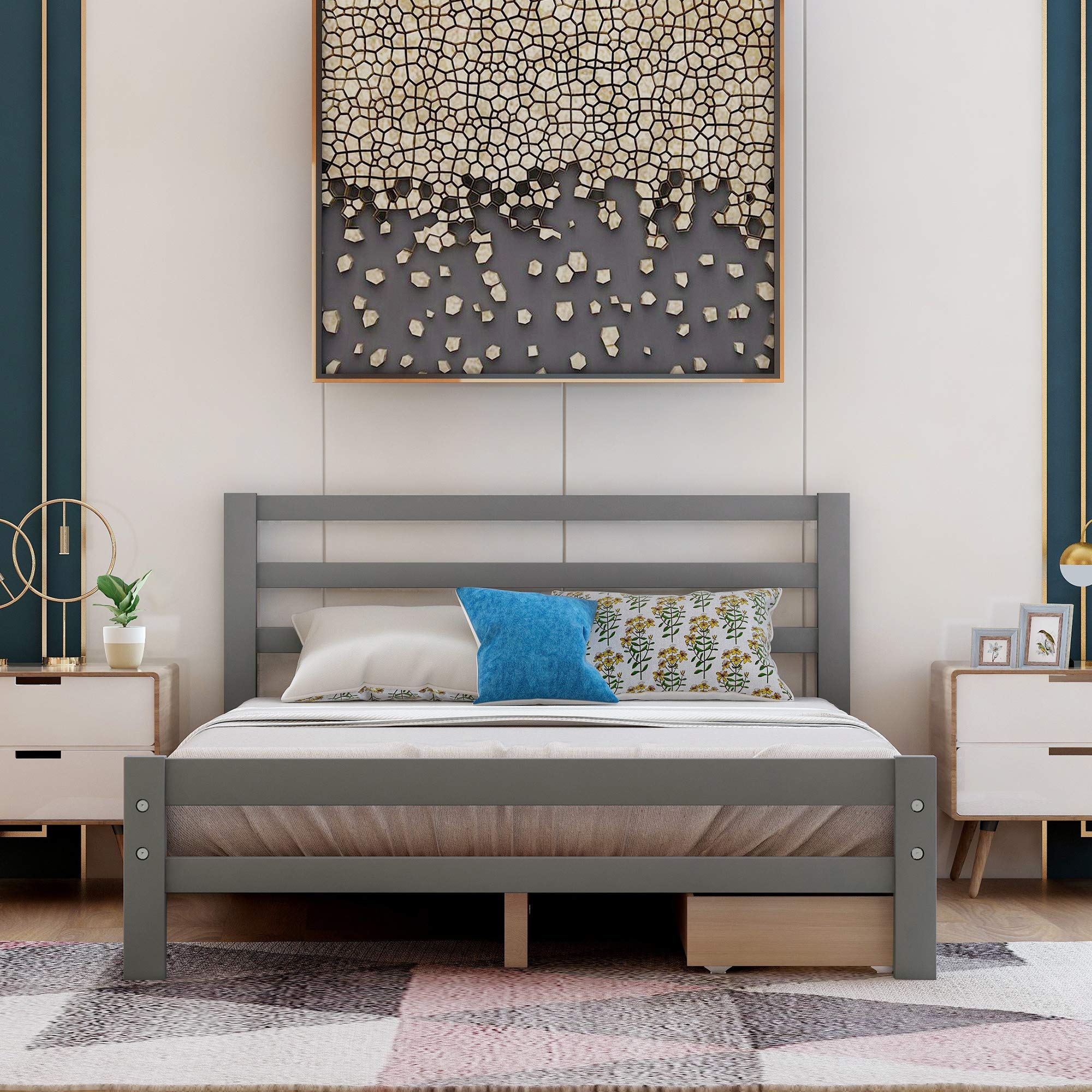 Harper & Bright Designs Full Size Platform Bed with Storage Drawers and Headboard,Footboard, Wooden Full Bed Frame/No Box Spring Needed/Easy Assembly (Gray)