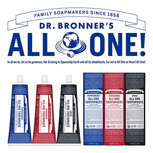 Dr. Bronner’s - All-One Toothpaste Variety Pack - Peppermint, Cinnamon, Anise, & Spearmint, 70% Organic Ingredients, Natural & Effective, Fluoride-Free, Helps Freshen Breath, Vegan (5oz, 4-Pack)