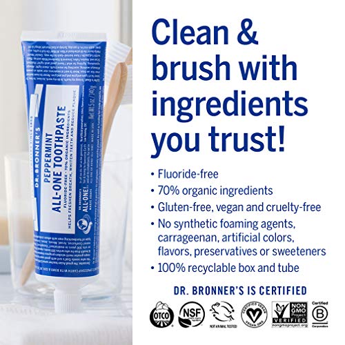 Dr. Bronner’s - All-One Toothpaste Variety Pack - Peppermint, Cinnamon, Anise, & Spearmint, 70% Organic Ingredients, Natural & Effective, Fluoride-Free, Helps Freshen Breath, Vegan (5oz, 4-Pack)