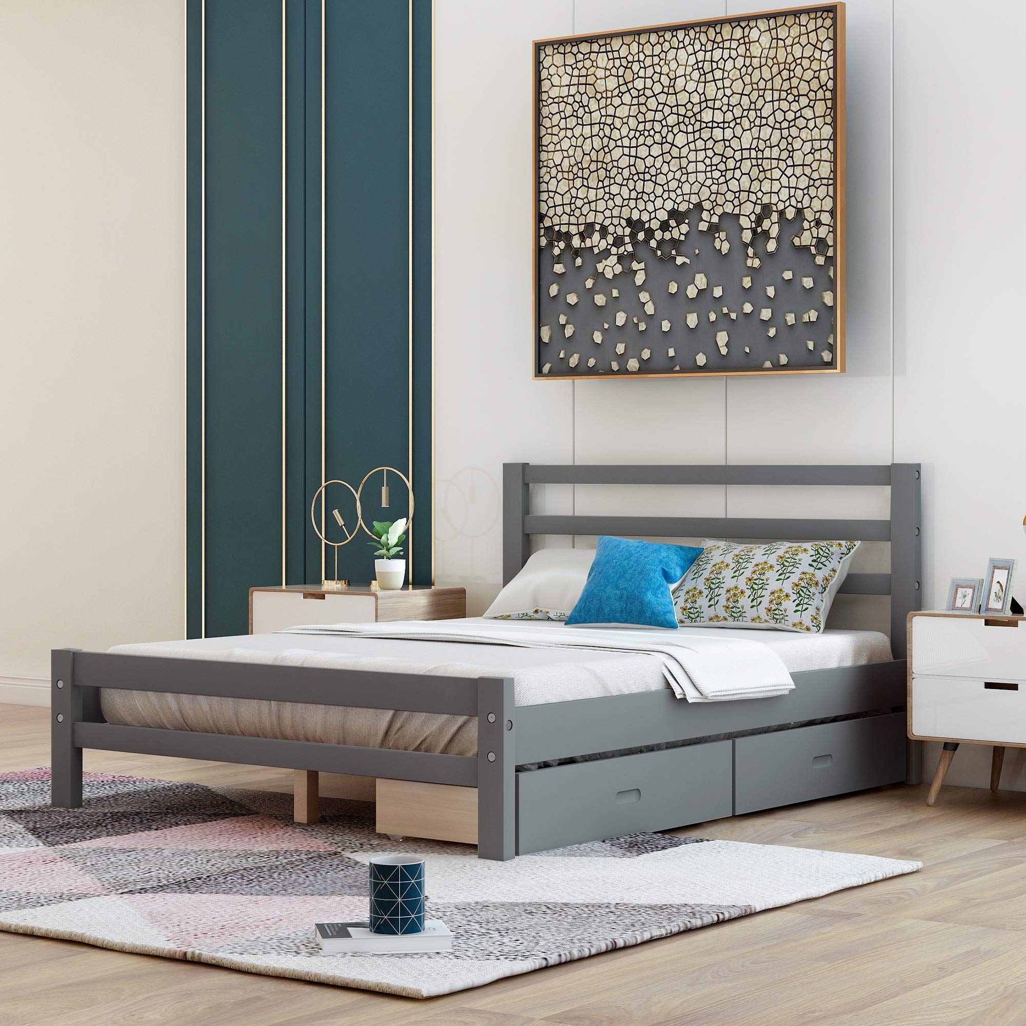 Harper & Bright Designs Full Size Platform Bed with Storage Drawers and Headboard,Footboard, Wooden Full Bed Frame/No Box Spring Needed/Easy Assembly (Gray)
