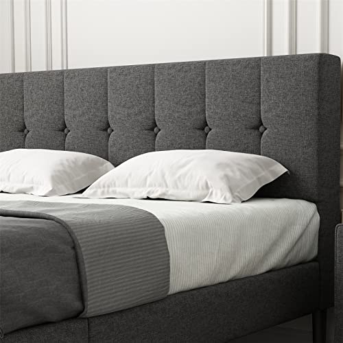 Full Size Fabric Modern Upholstered Platform Bed with Headboard, Heavy Duty Bed Frame with Wood Slat Support, No Box Spring Required, Easy Assembly, Dark Gray