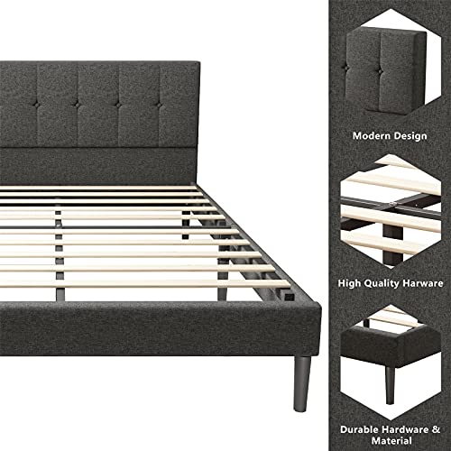 Full Size Fabric Modern Upholstered Platform Bed with Headboard, Heavy Duty Bed Frame with Wood Slat Support, No Box Spring Required, Easy Assembly, Dark Gray