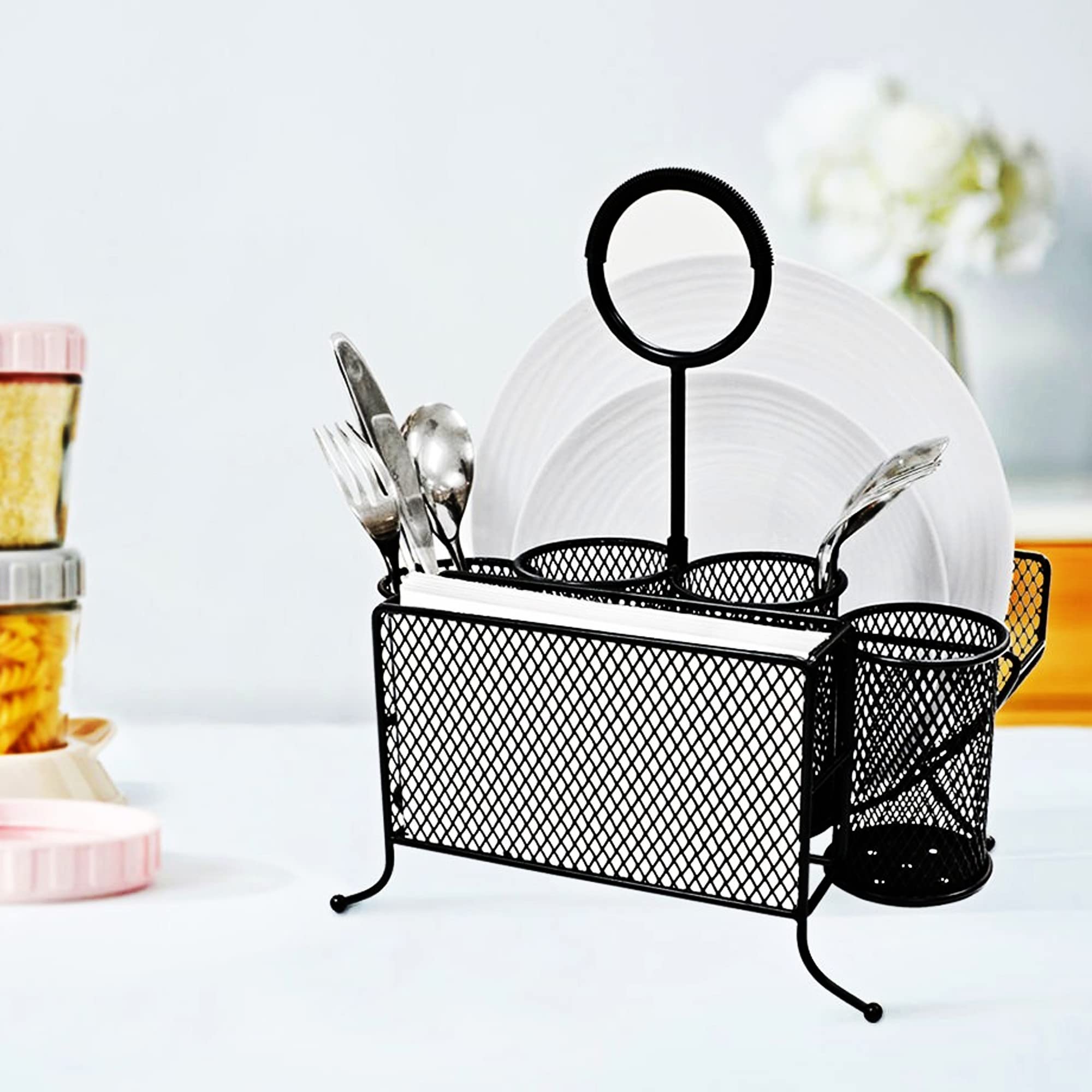 Picnic Plate Napkin Flatware Storage Caddy Organizer Holder, Black