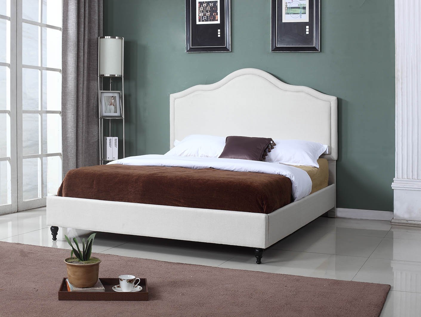 Home Life Cloth Light Beige Cream Linen 51" Tall Headboard Platform Bed Slats with Full - Complete Bed 5 Year Warranty Included 009