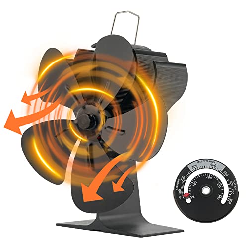 WHDPETS Wood Stove Fan Heat Powered, 5 Blade Fireplace Fan Non-Electric Fan, Silent Operation Thermoelectric Eco Fans for Home/Wood/Log Burner/Fireplace (Include Stove Thermometer)
