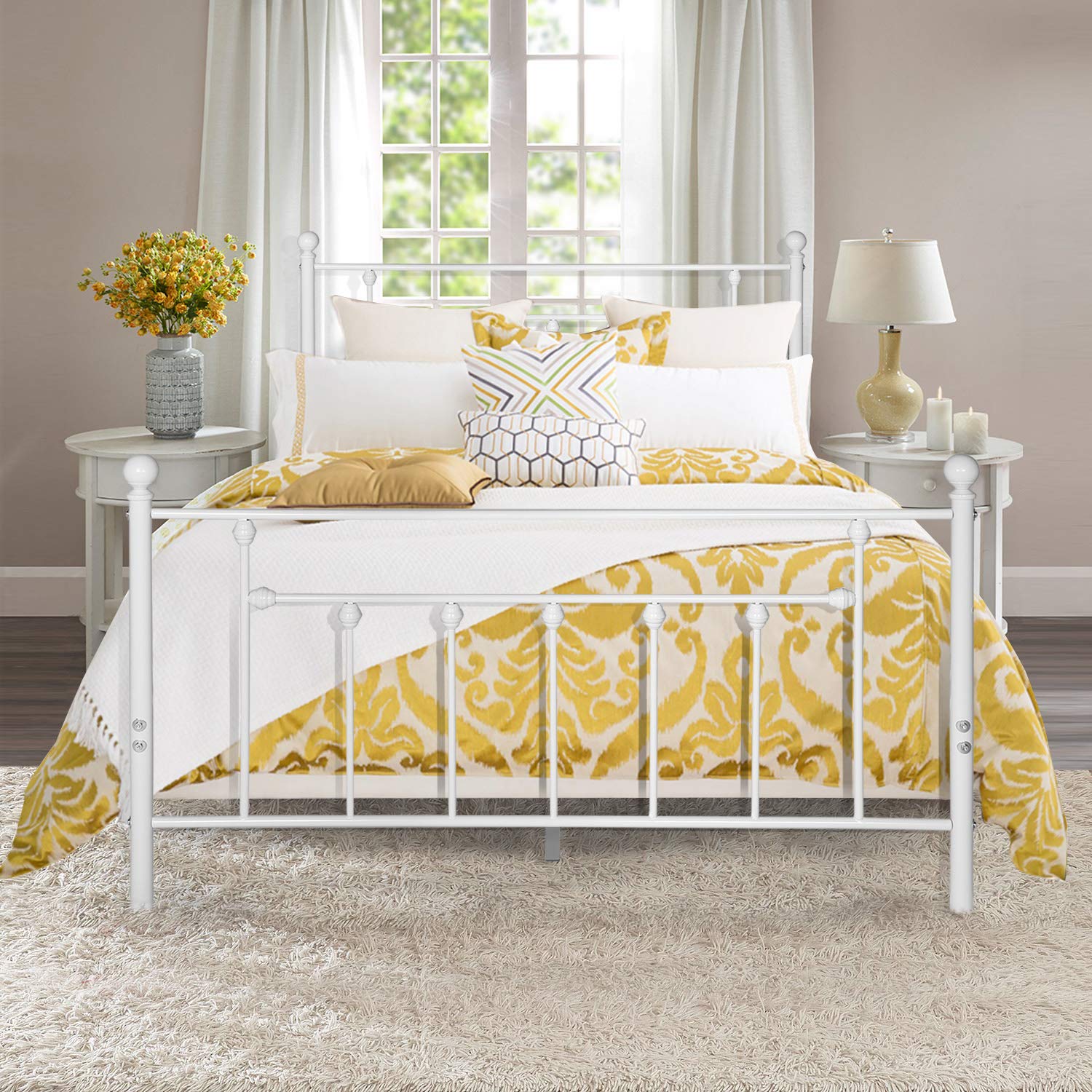 VECELO Full Size Metal Platform Bed Frame with Headboard and Footboard, Heavy Duty Slat Support/No Box Spring Needed Mattress Foundation/Underbed Storage Space, Victorian Style