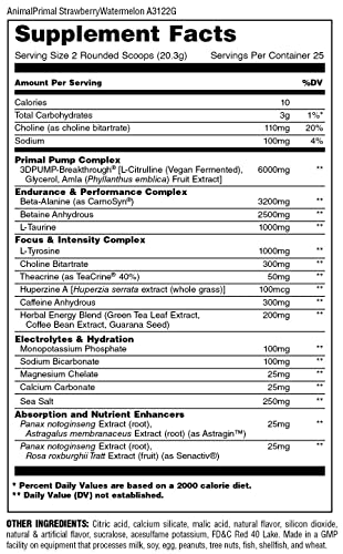 Animal Primal Muscle Hydration + Preworkout Powder โ Contains Beta Alanine, 3DPump, Caffeine & Electrolytes โ Improves Energy, Focus, Endurance & Absorption โ Strawberry Watermelon Flavor, 17.9 oz