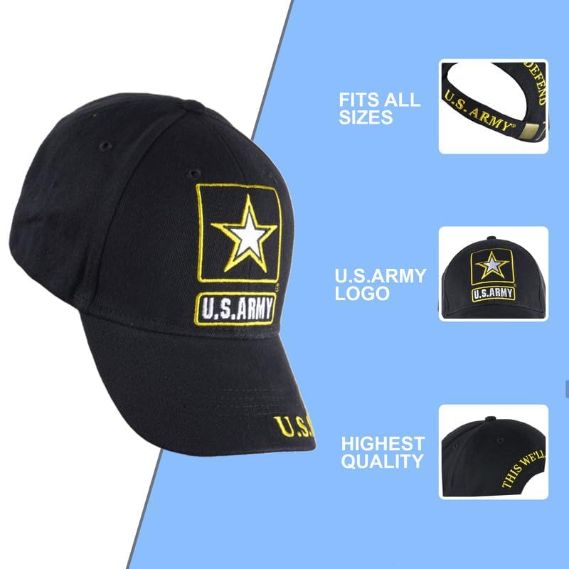 US Army Hat for Men and Women, Officially Licensed Product, Adjustable Strap Baseball Cap - US Army Embroidered Baseball Cap Beautifully Stitched Lettering on The Front and Back (Black)