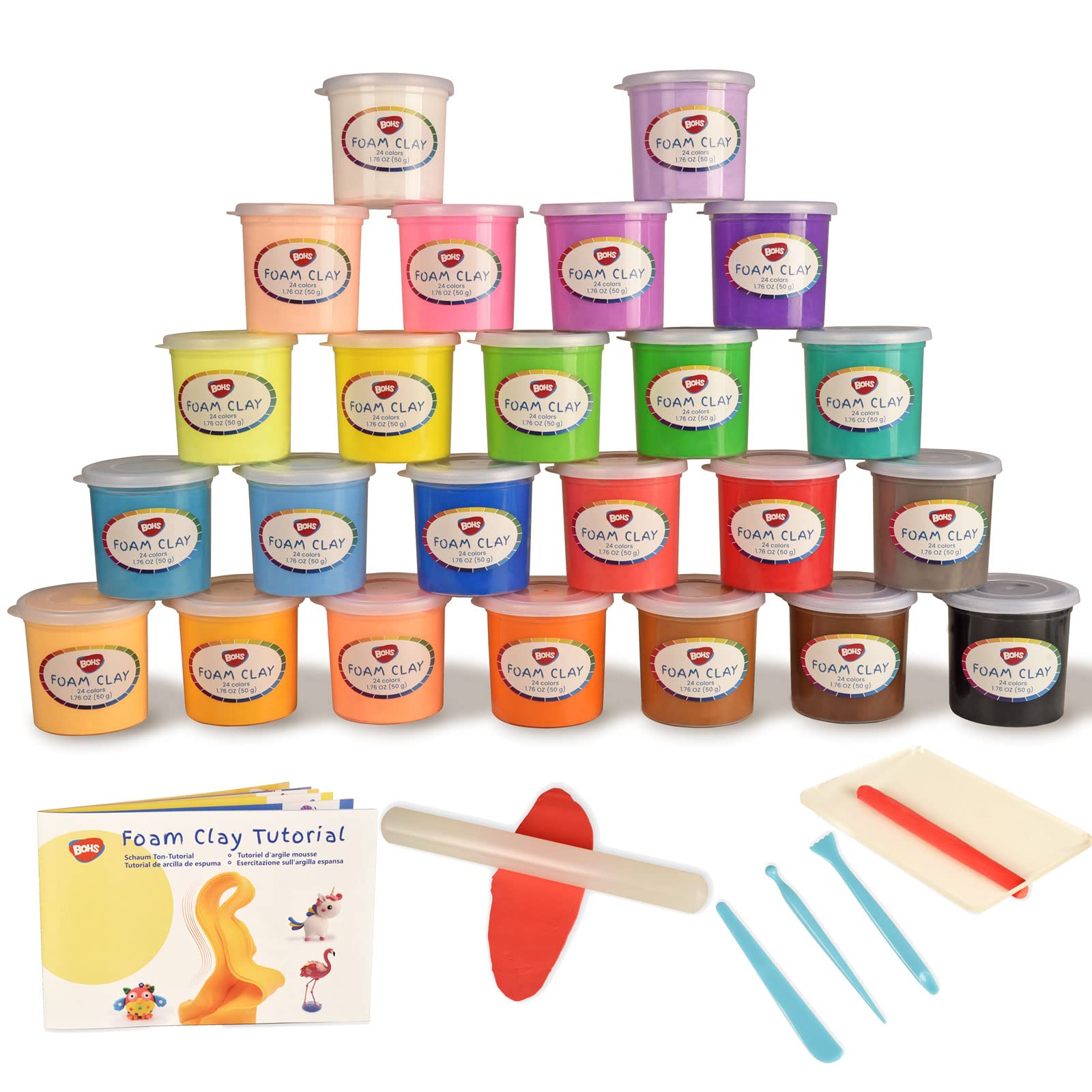 BOHS Foam Clay Tools Kit - 24 Colors Air Dry Clay (2.65 lb) with Sculpting Tools, Roller, Cylinder Shaping Sheet & Tutorial - for Crafts Projects, School Supplies, DIY Art, Party Favors