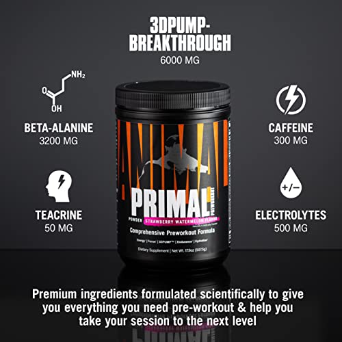 Animal Primal Muscle Hydration + Preworkout Powder โ Contains Beta Alanine, 3DPump, Caffeine & Electrolytes โ Improves Energy, Focus, Endurance & Absorption โ Strawberry Watermelon Flavor, 17.9 oz