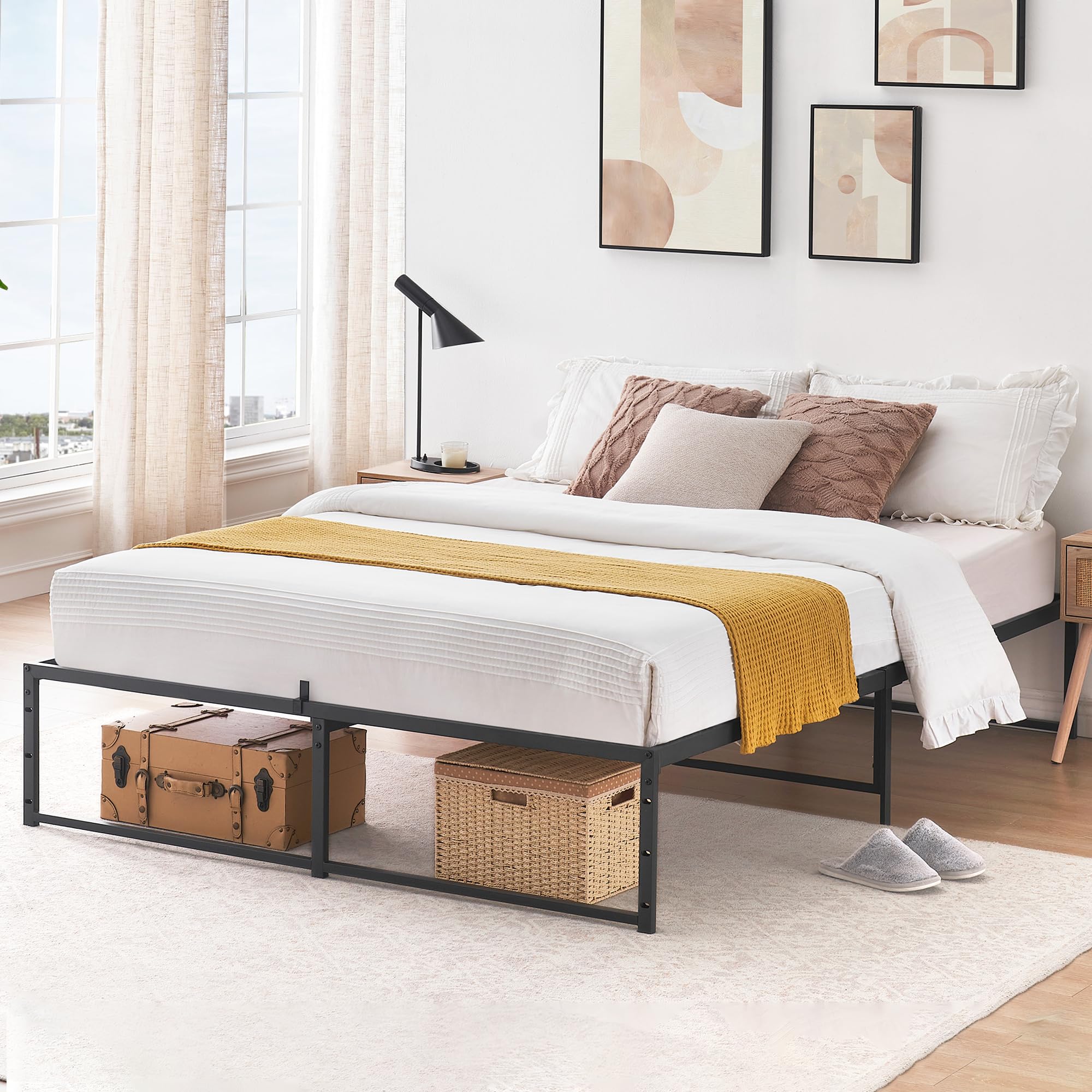 IDEALHOUSE Full Size Bed Frame, 14 inch Metal Full Bed Platform Frame with 3 in 1 Steel Support, No Box Spring Needed Easy Assembly Black Sturdy Bedframe - Full