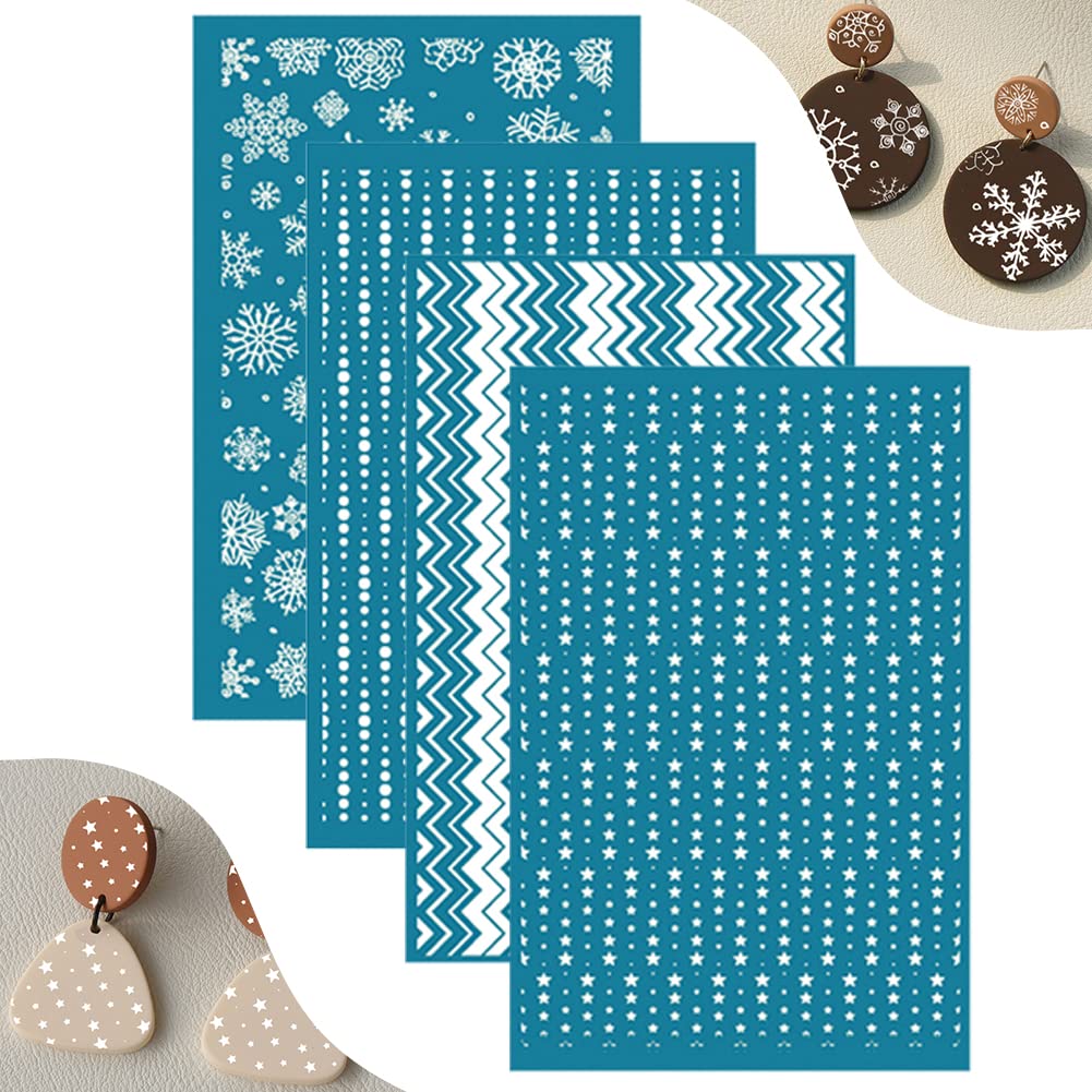 Reusable Silk Screen Polymer Clay Kit Flower Star Snowflake Wave Line Decoration Silk Screen Stencils with Polymer Clay Tools Printing on Clay & Other Jewelry Clay Earrings Decoration