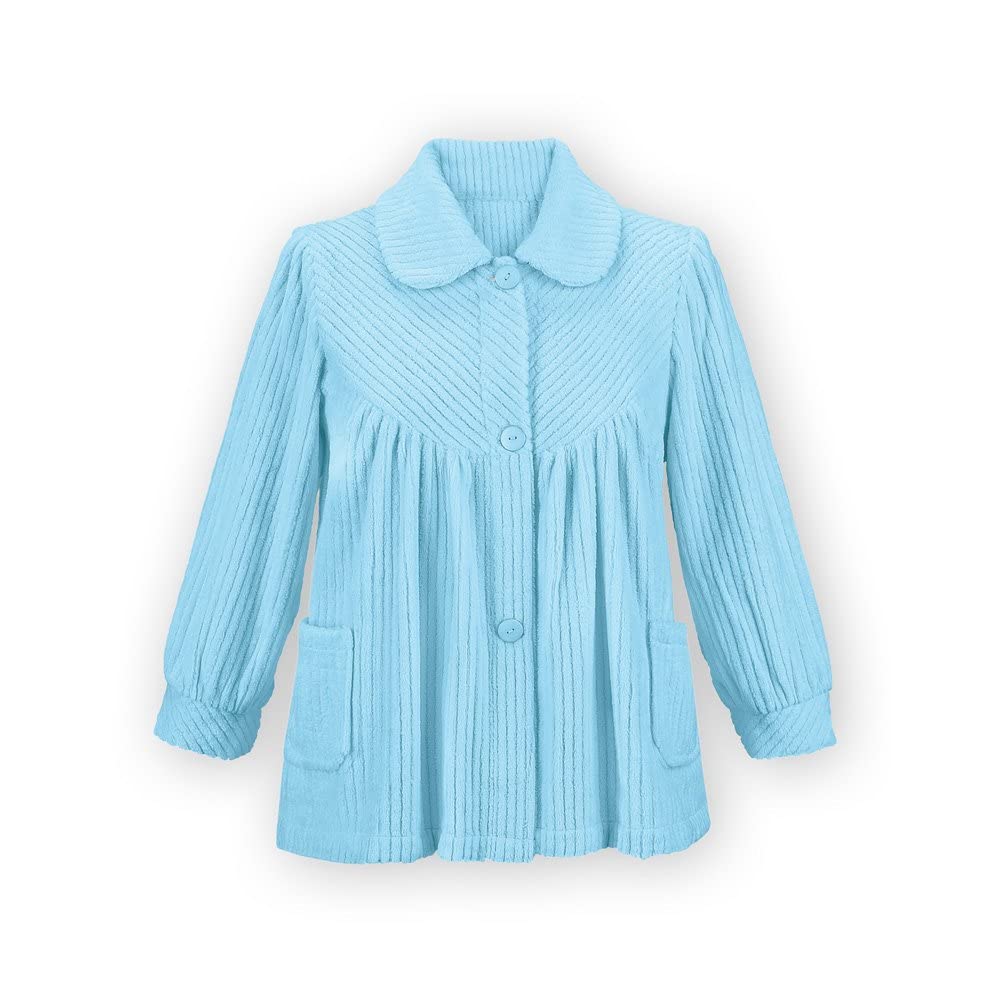 Collections Etc Women's Soft Fleece Button Down Night Shirt with Pockets - Comfy Flattering Fit Over Pajamas or Nightgown, Light Blue, Medium
